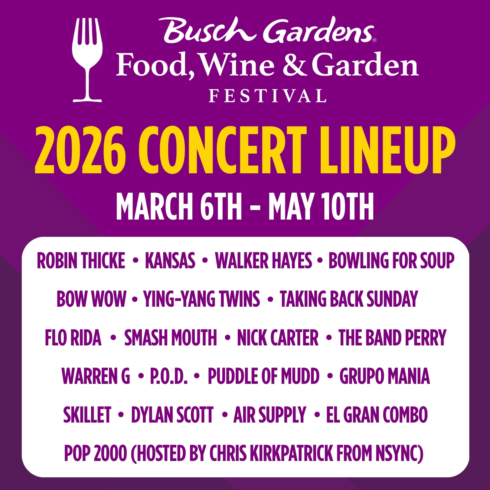 Busch Gardens Tampa Bay Unveils 2026 Concert Series Featuring 20 ...